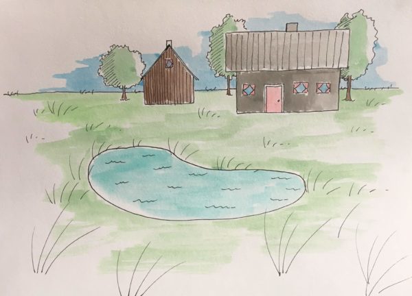 Nu skal vi lære at tegne en have med et hus i baggrunden
